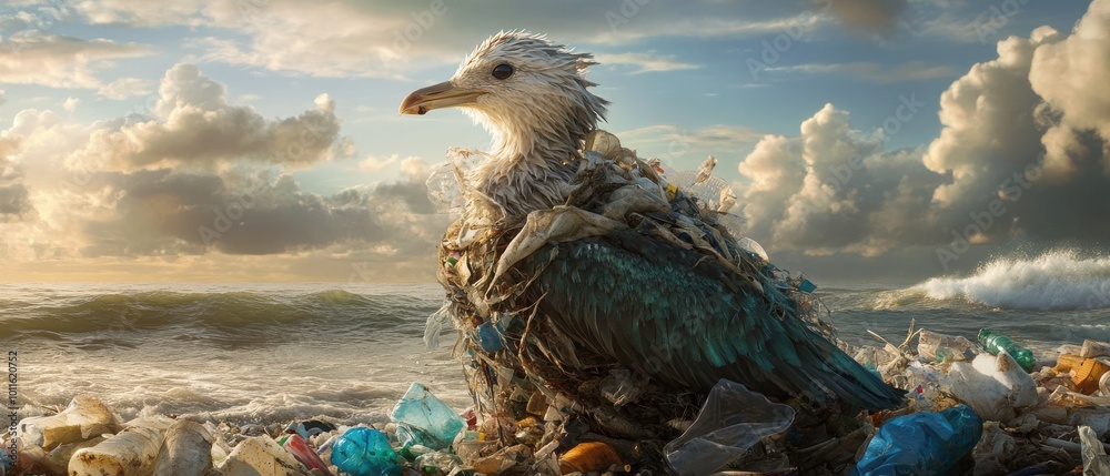 Design a close-up wallpaper of a sea bird entangled in plastic waste on ...