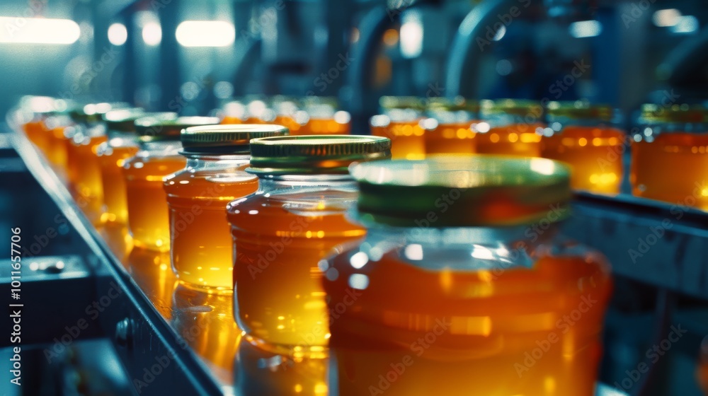 A modern production line with rows of amber-colored honey jars capped ...
