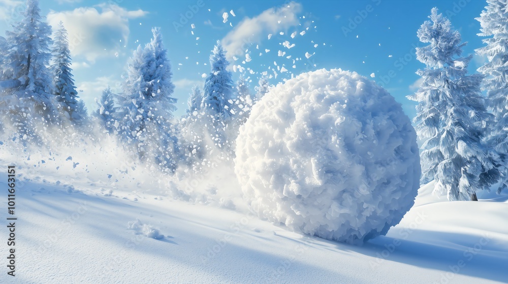 A large snowball is rolling down the mountain as an avalanche unfolds ...
