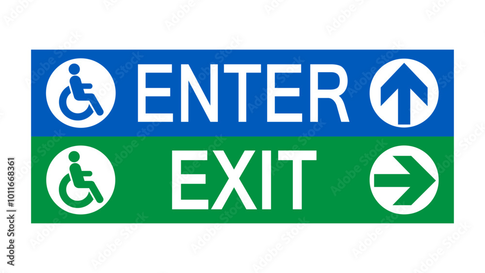 Enter and exit sign for disabled persons. Horizontal strips with symbol ...