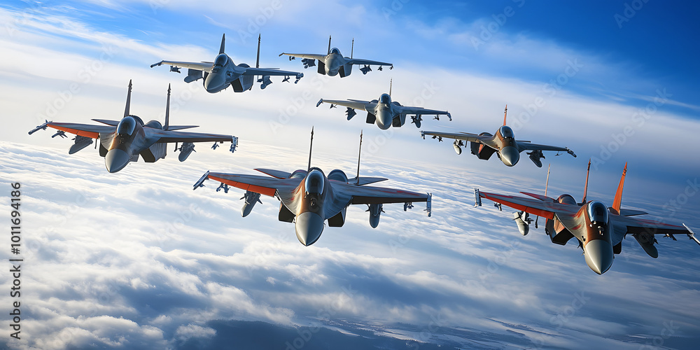 Squadron of fighter jets in close formation flying in the sky, military ...