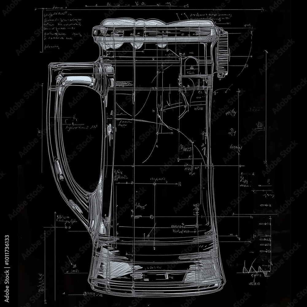 Beer stein engineering and patent drawing - a blueprint with technical ...