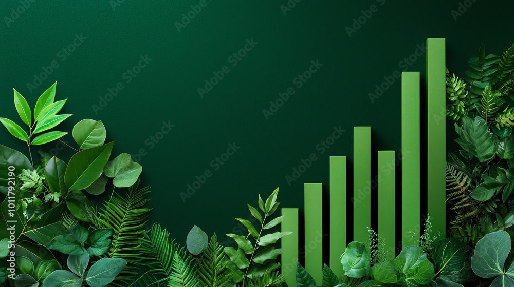 Data visualization template with green growth chart and lush foliage on ...