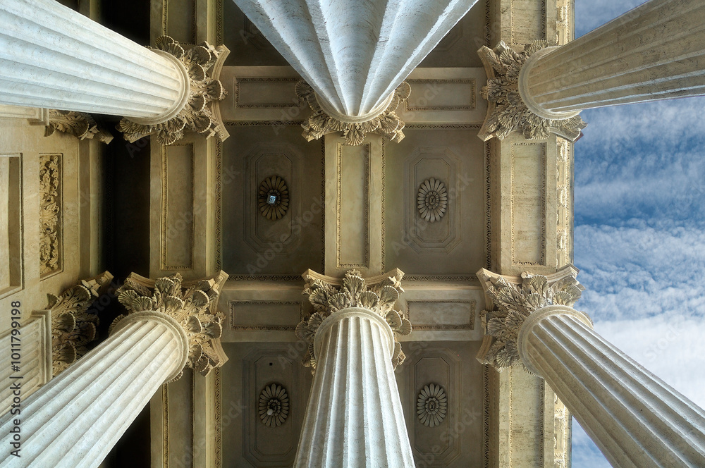 St Petersburg Russia. Kazan cathedral colonnade and a ceiling with columns, facade view of Kazan ...