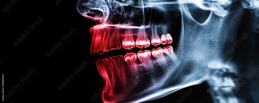 Detailed X-ray of human jaw with highlighted teeth in vibrant red light ...
