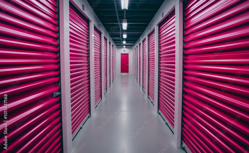 Indoor corridor lined with bright pink storage unit doors, creating a ...