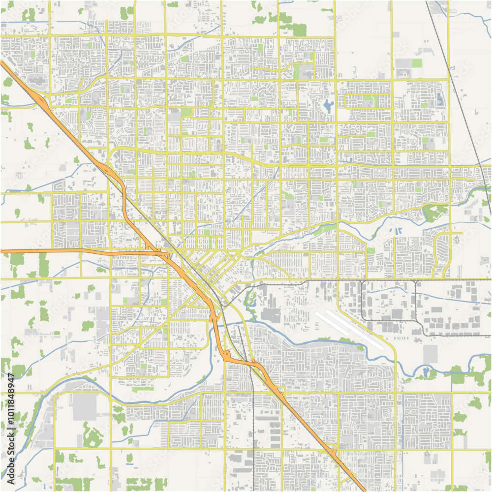 Map of Modesto in California in a normal road map style. Contains ...