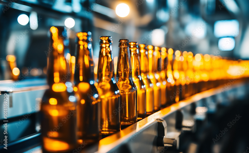 A row of amber glass bottles on an assembly line in a brewery ...