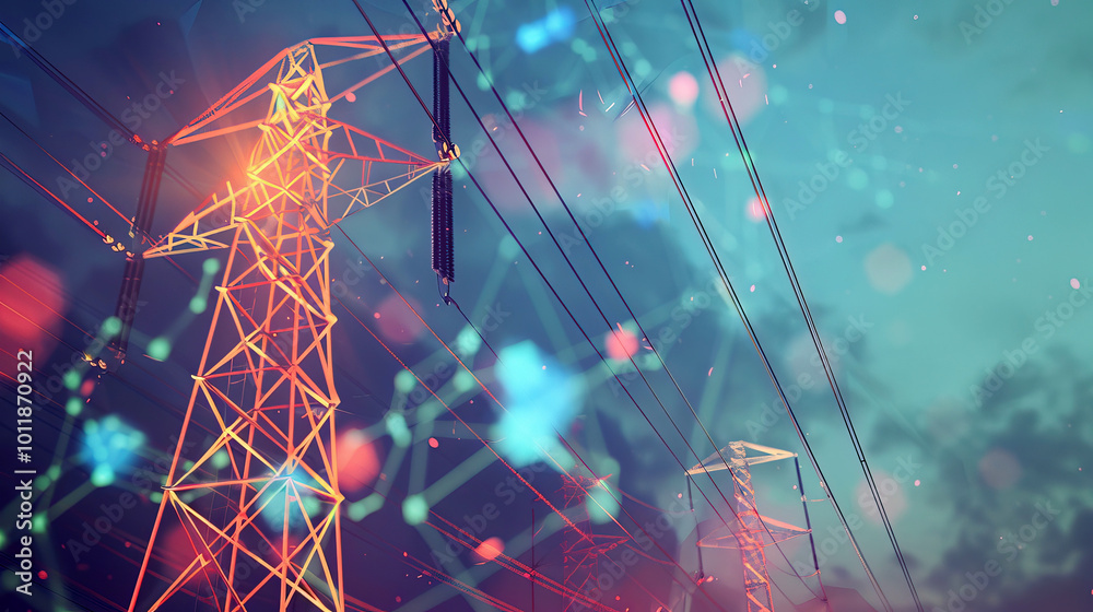 Abstract representation of power lines and electricity towers with a ...