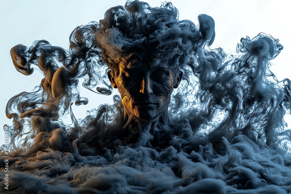 A human silhouette dissolving into a swirl of black smoke, symbolizing ...