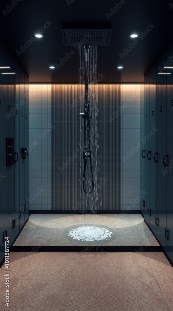 Public shower interior with everal showers and lockers in locker room in luxury fitness spa ...