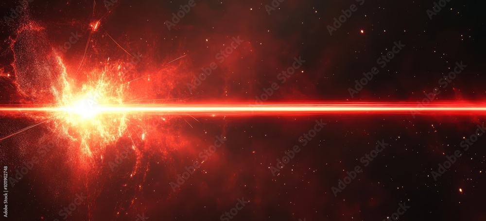 Red laser beam with lens flare crossing a dark starry space background ...