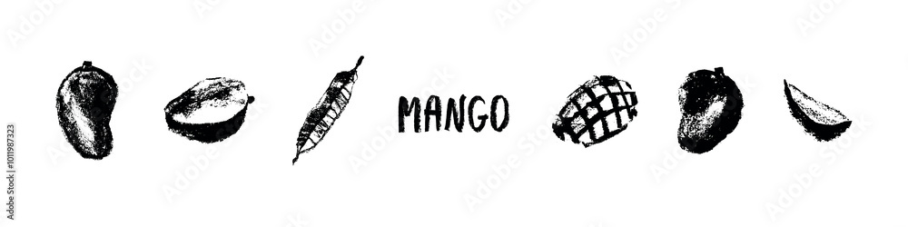 Mango icons set. Charcoal drawings. Organic Mango signs. Tropical fruit ...