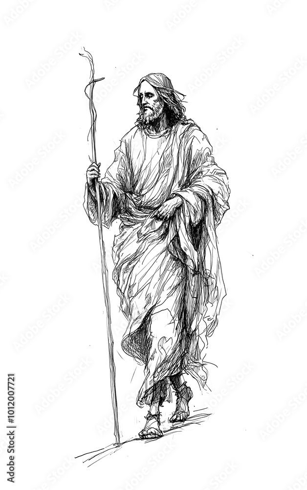 Jesus Christ walking with a cane. Illustration doodle sketch style ...