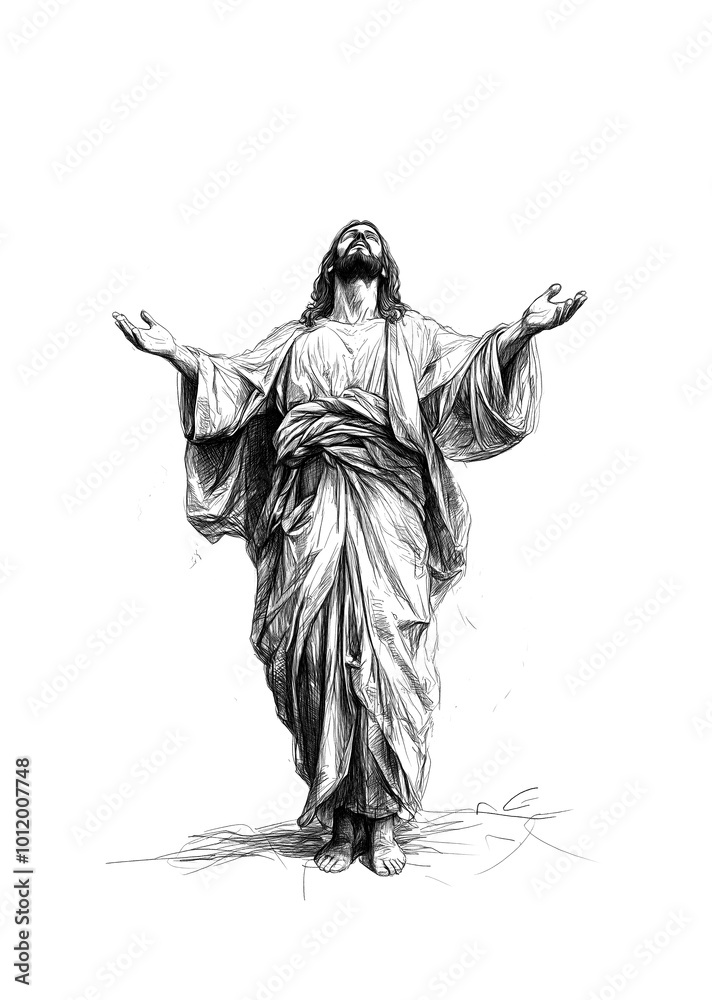 Jesus Christ welcoming with his arms open wide. Illustration doodle ...