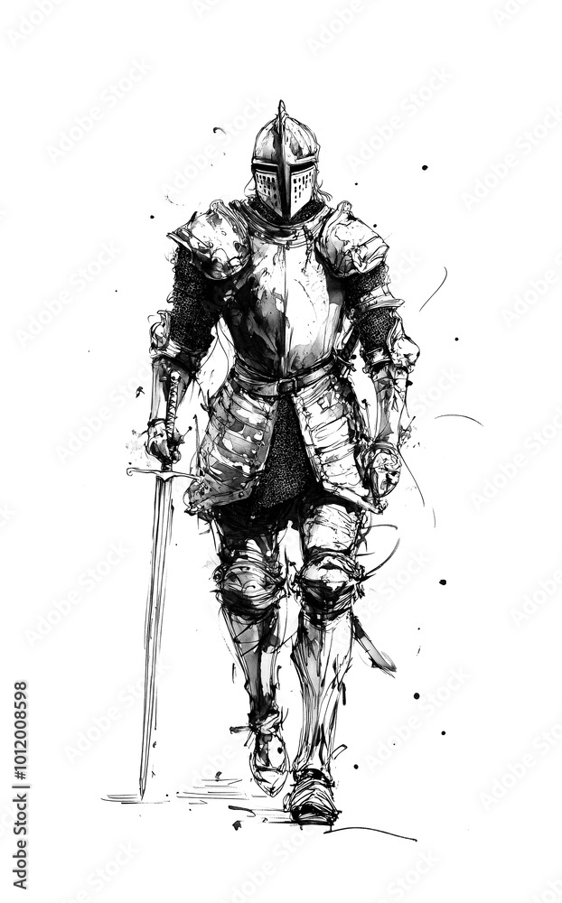 Knight in full armour. Holding a sword. Doodle sketch line art style ...