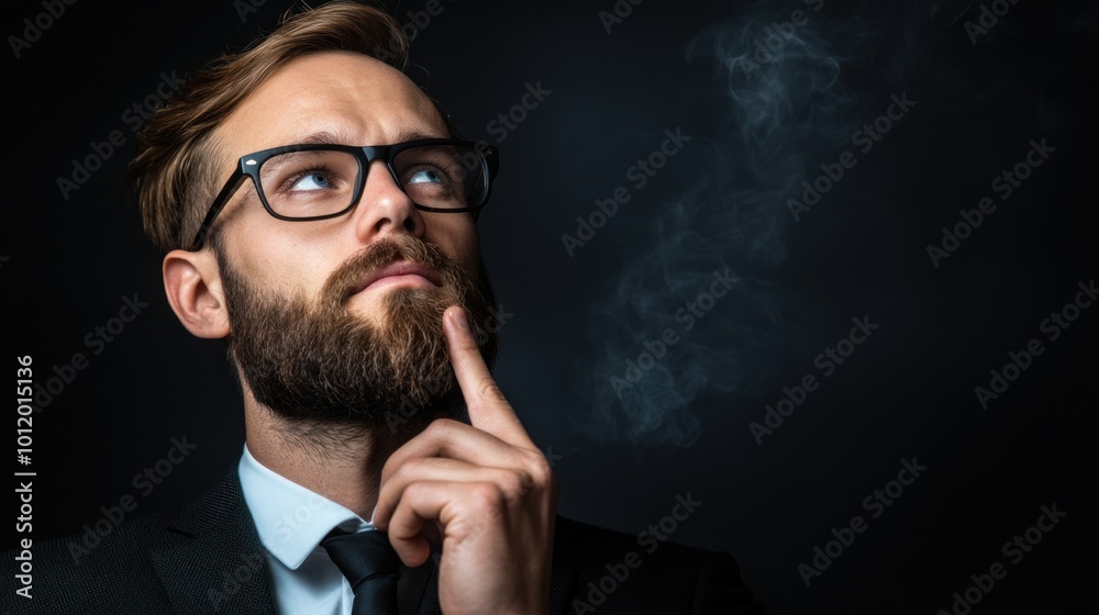 A man dressed in a formal suit and glasses reflects thoughtfully, his ...
