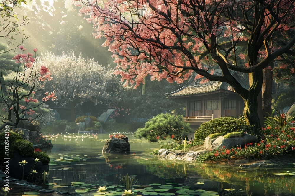Tranquil Japanese garden featuring cherry blossoms and stone pathways ...