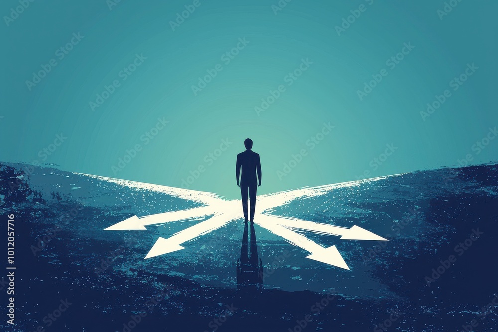 Person standing at the crossroads of three paths symbolizing decision ...