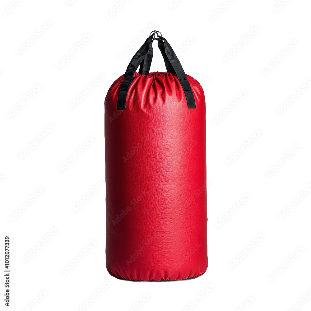 Red punching bag standing upright with black straps, isolated on ...