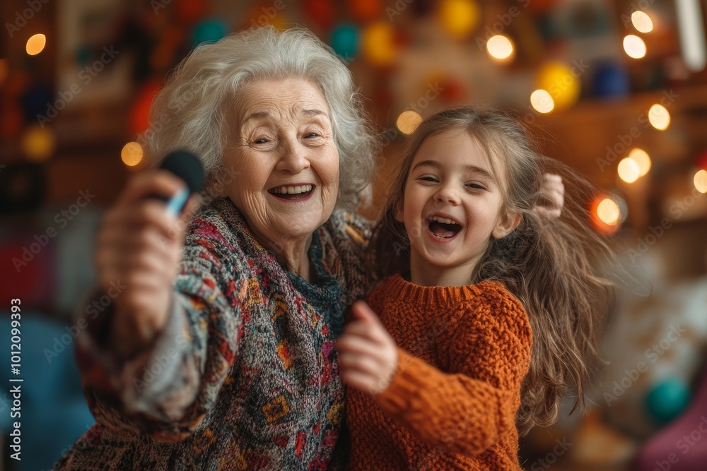 Elderly woman dancing and young girl singing into microphone in cozy ...