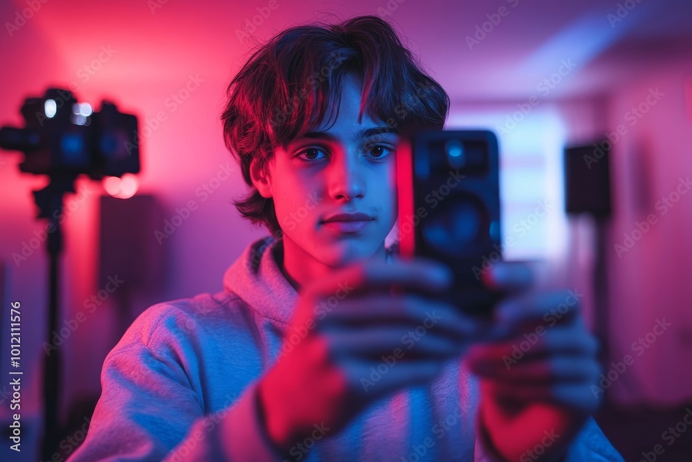 Background image of Gen Z teenager filming video for social media at ...