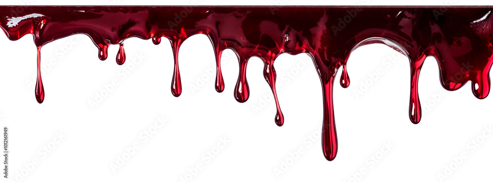 Smooth, glossy red liquid flowing downwards, dripping isolated on ...