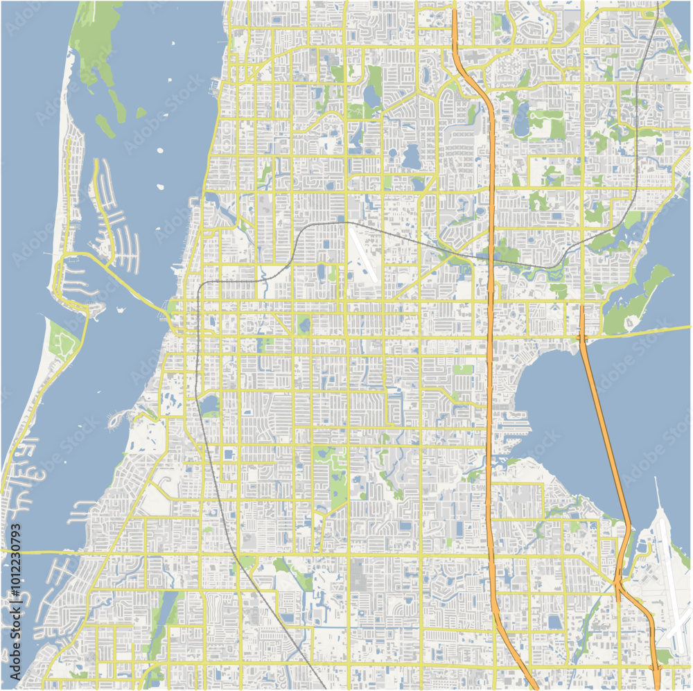 Map of Clearwater in Florida in a normal road map style. Contains layered vector with roads ...