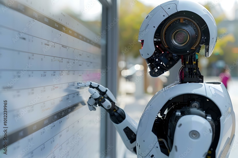 Humanoid Robot Working On Calendar Schedule And Staff Time Sheet. Stock ...