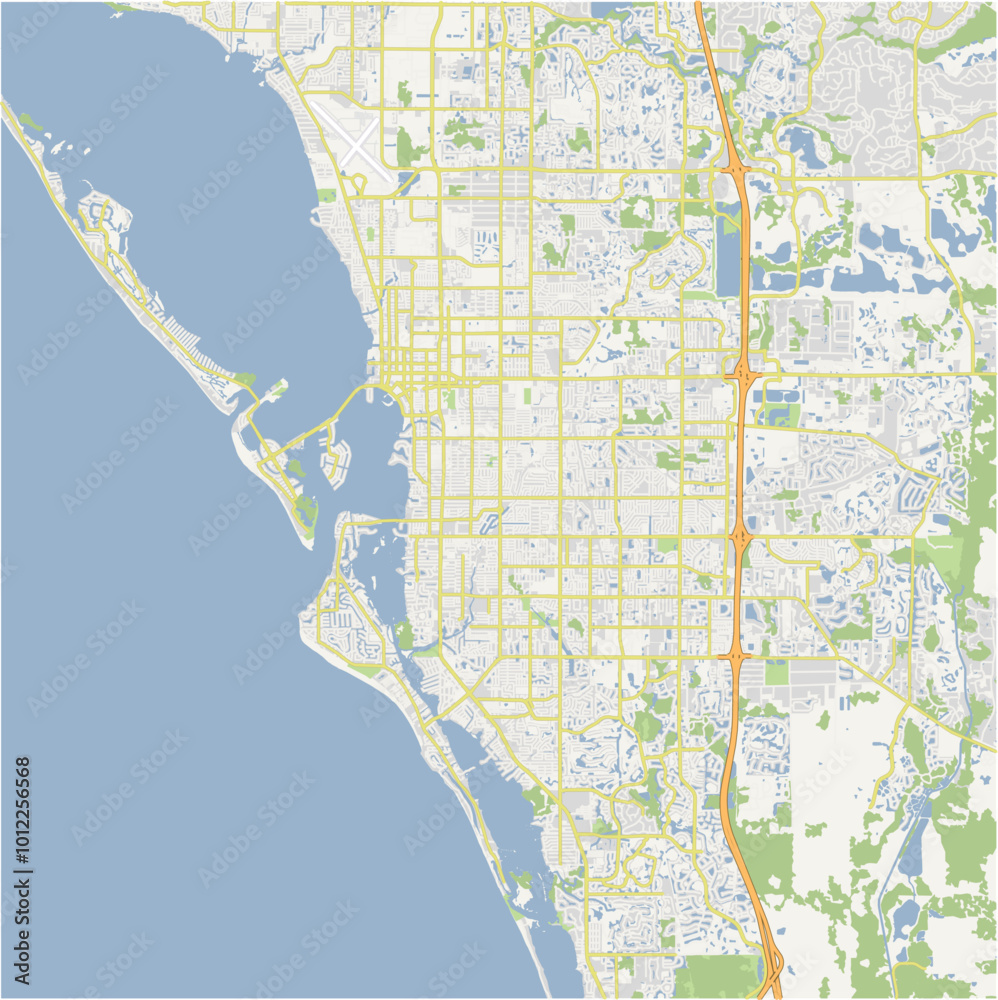 Map of Sarasota in Florida in a normal road map style. Contains layered vector with roads water ...