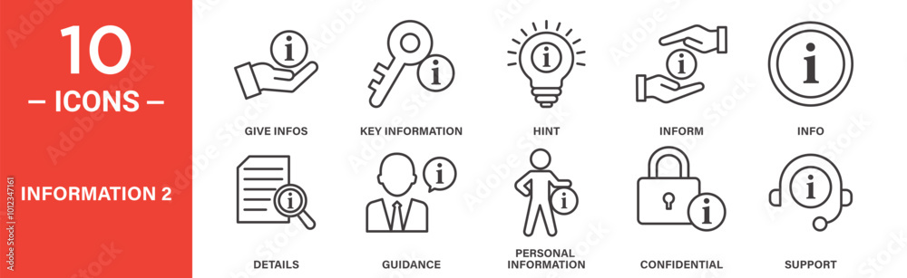 Information Icon Set with Details and Guidance Symbols in Outline Style ...
