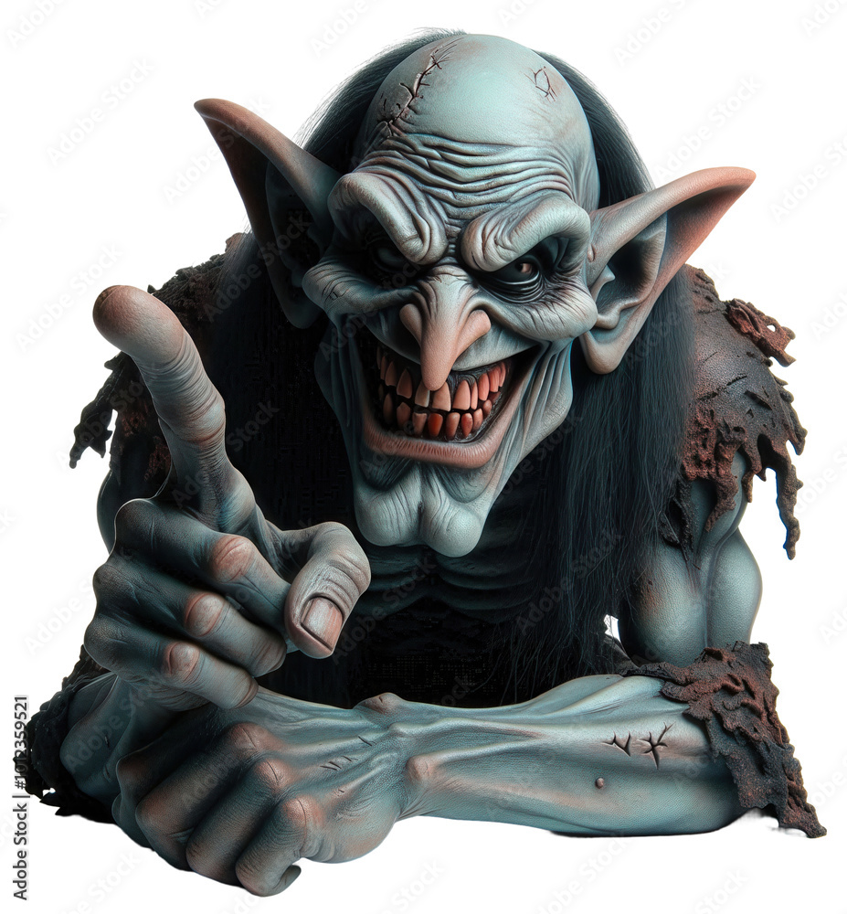 A chilling depiction of a sinister goblin with sharp teeth, piercing ...