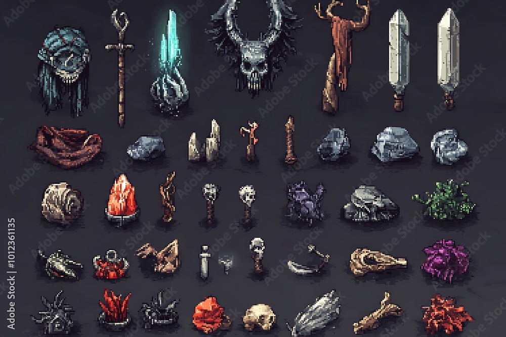 Pixel Art Sprite Sheet, Dark Fantasy Game Assets Stock Illustration ...