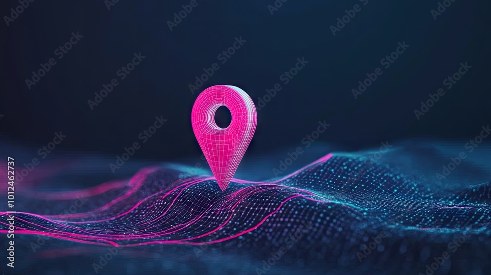 High-tech location pin icon hovering on a holographic map, with AI technology and data grids ...