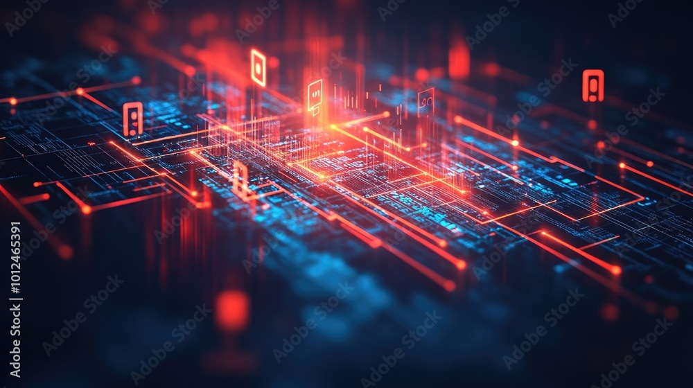 Location pin symbol floating on a high-tech digital map, with AI ...