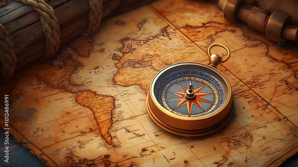 Antique Compass on Vintage World Map: Navigating History and ... Antique Compass on Vintage World Map: Navigating History and ...