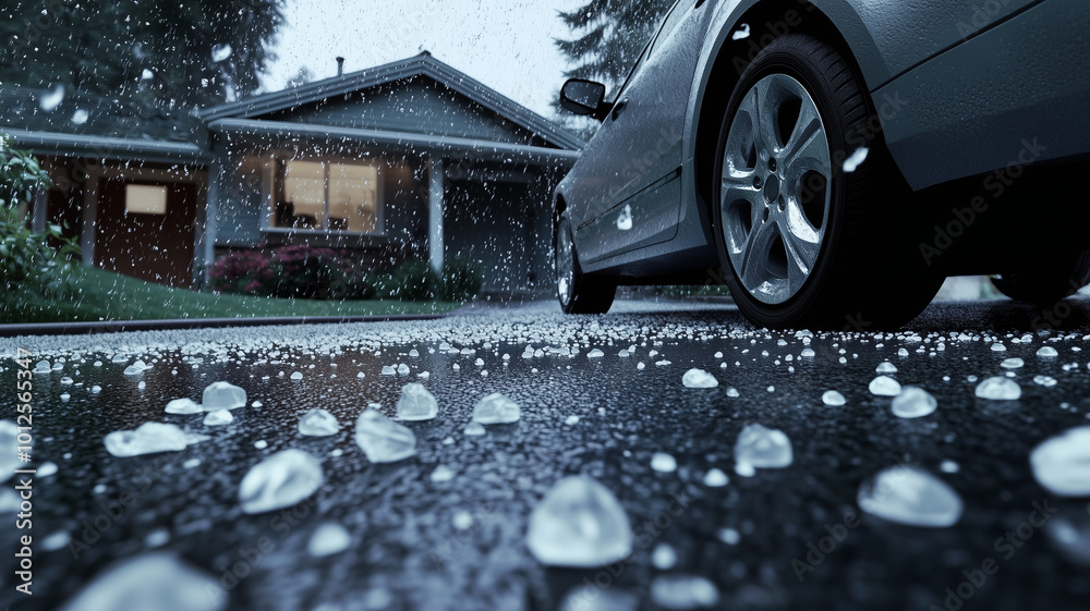 Hail damage on a car and roof, suburban home, damage outside. A ...