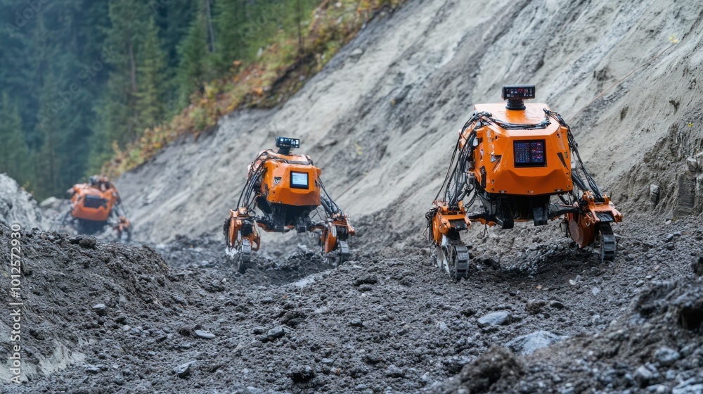 Landslide rescue robots equipped with AI technology, carefully clearing ...