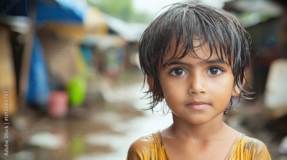 Refugee camp child with slum camp background. Stock Illustration ...