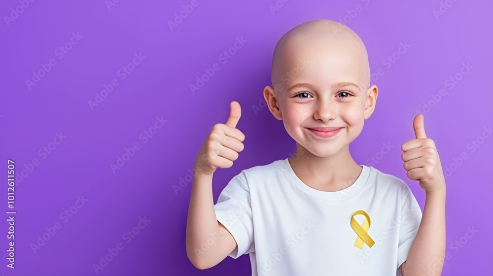 Smiling child cancer patient with gold ribbon on white t-shirt Happy ...