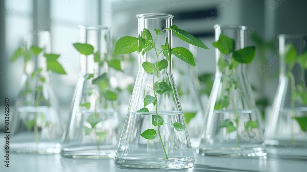 Erlenmeyer flasks with pea plants growing in a lab, demonstrating ...