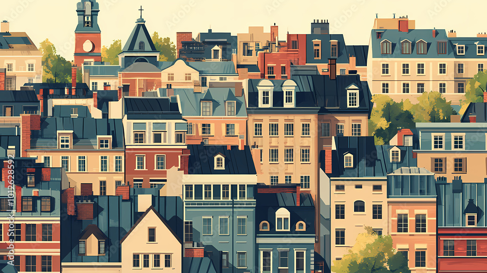 Montreal cityscape with traditional houses, roofs, churches, bell ...
