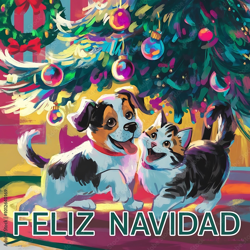 Feliz Navidad perro y gato árbol de Navidad calligraphic merry ...