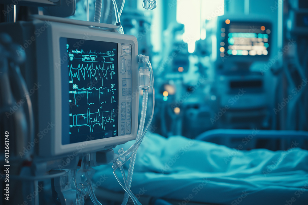 Dialysis machine connected to a patient, with copy space. Soft hospital ...