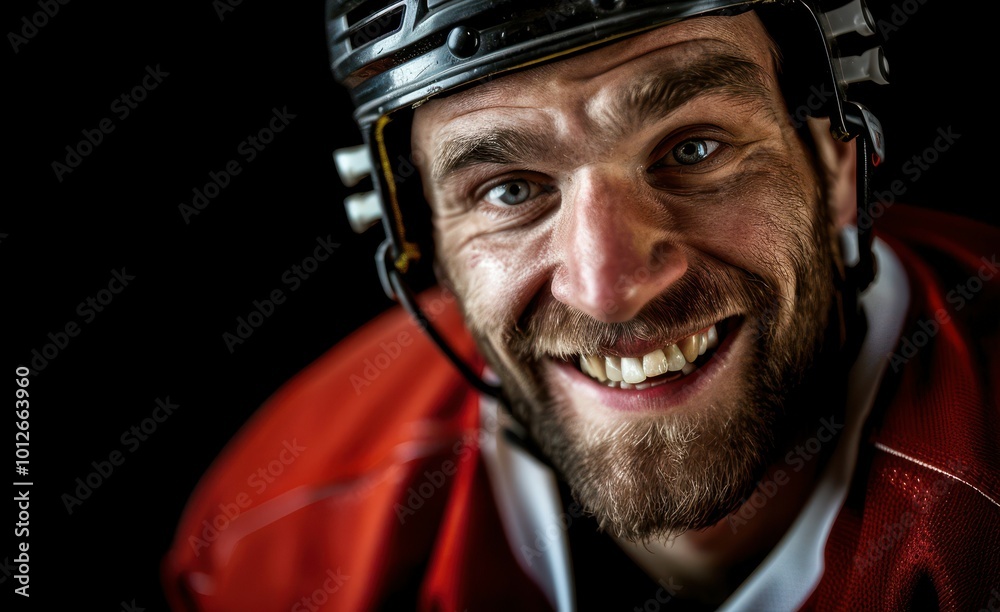 Hockey player with missing tooth smiling On a black background Stock ...