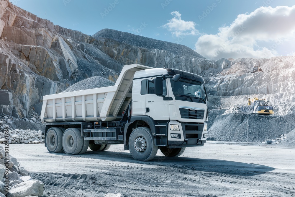 Large white articulated dump truck in quarry hauling rocks heavy duty ...