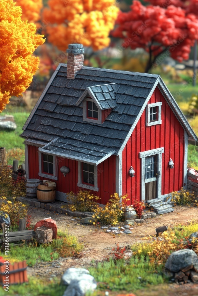 Charming red cottage with a stone path in a rural autumn landscape ...
