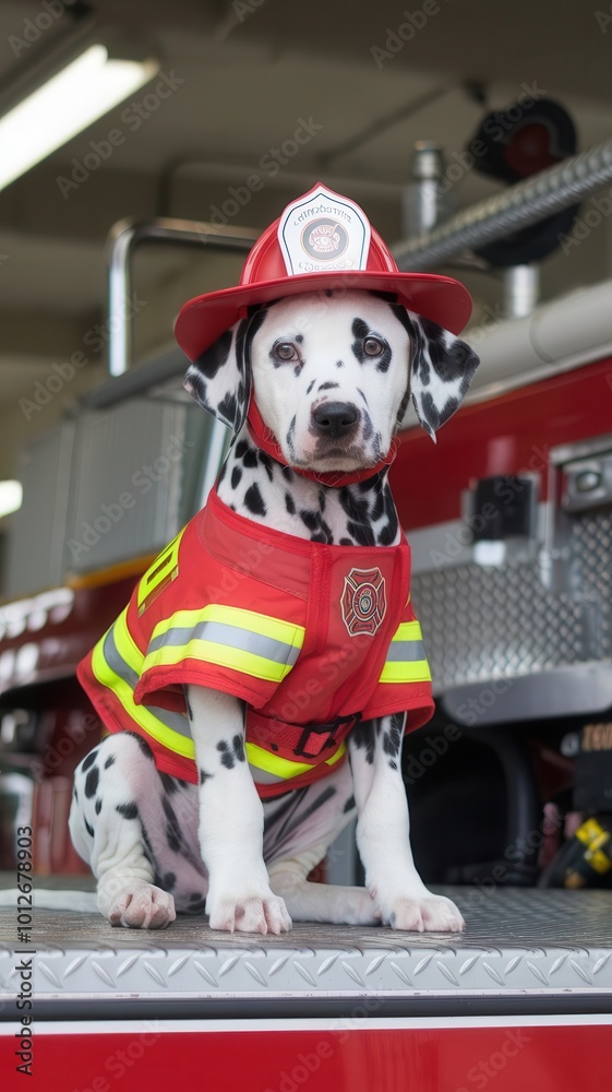 Dalmatian puppy in firefighting gear sitting on a fire truck, ready for ...