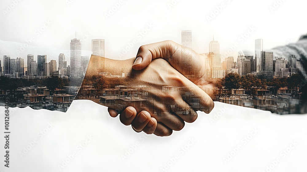 Double exposure of a handshake intertwined with classrooms, digital ...