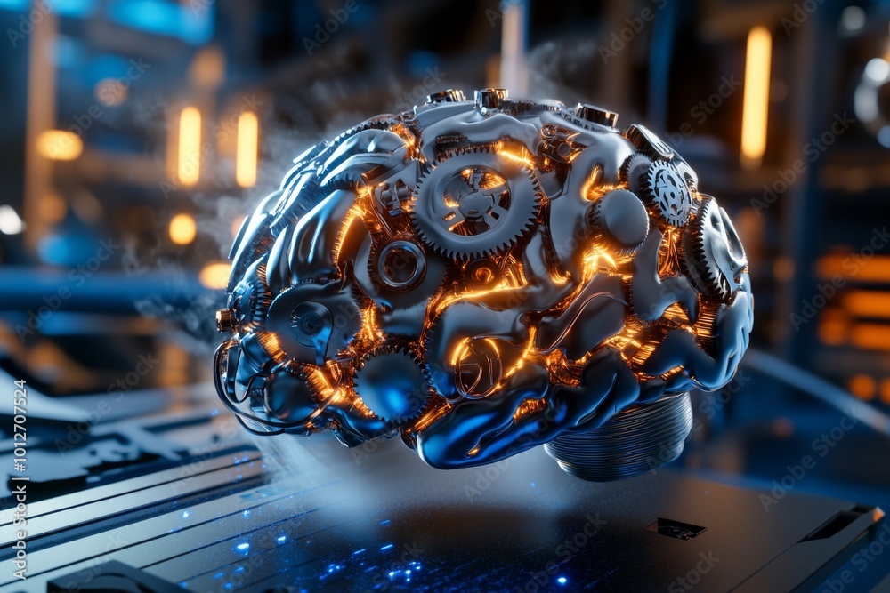 Futuristic brain built from steampunk elements, with chrome gears and ...